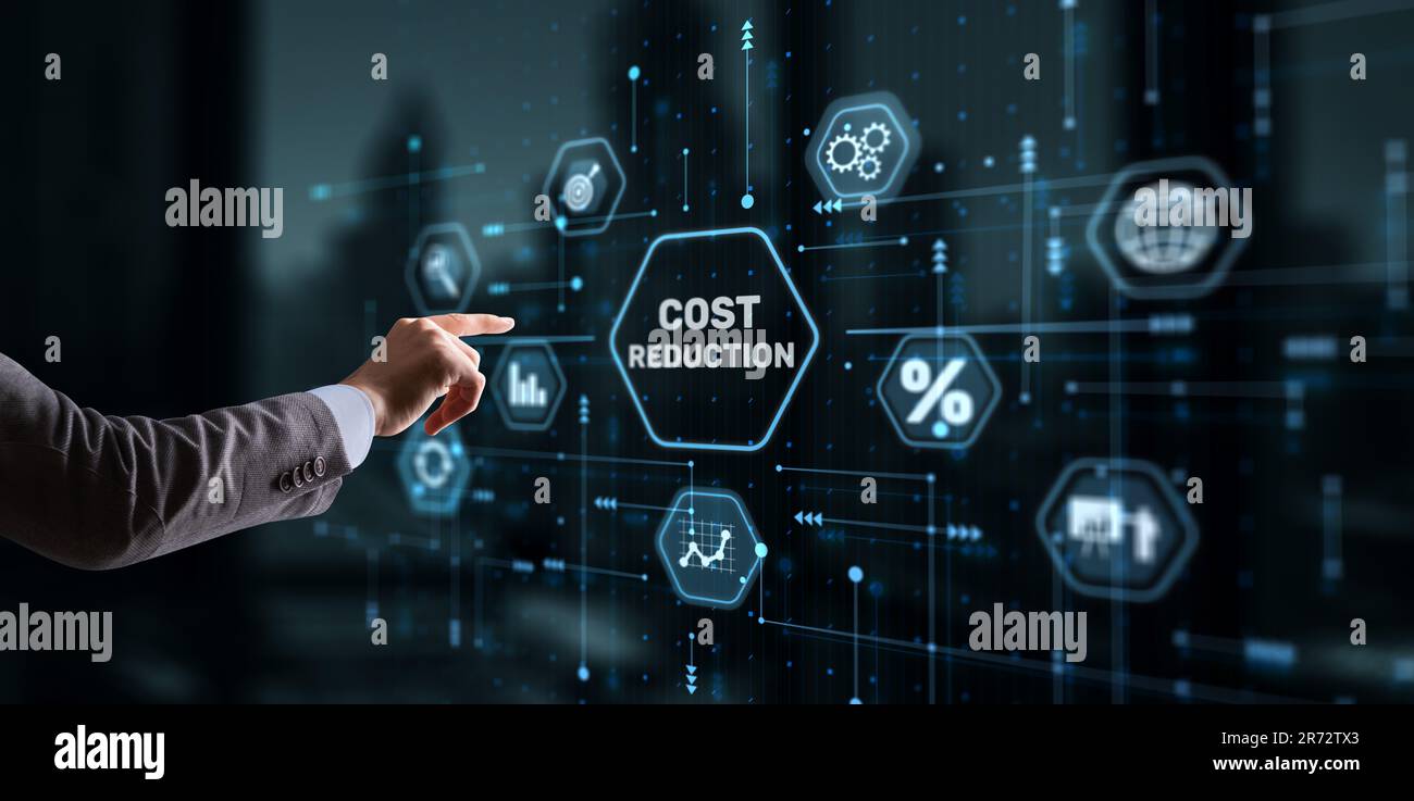 Cost reduction business finance concept. Businessman clicks virtual ...