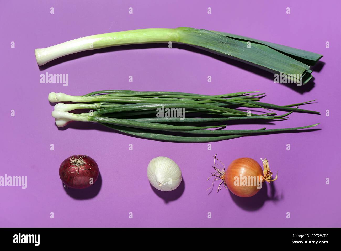 Different kinds of onion on purple background Stock Photo - Alamy