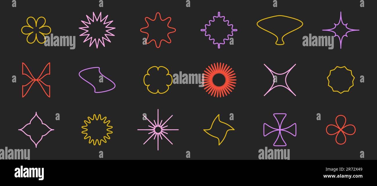 Outline stars, flowers, crosses, curves shapes set. Primitive linear ...