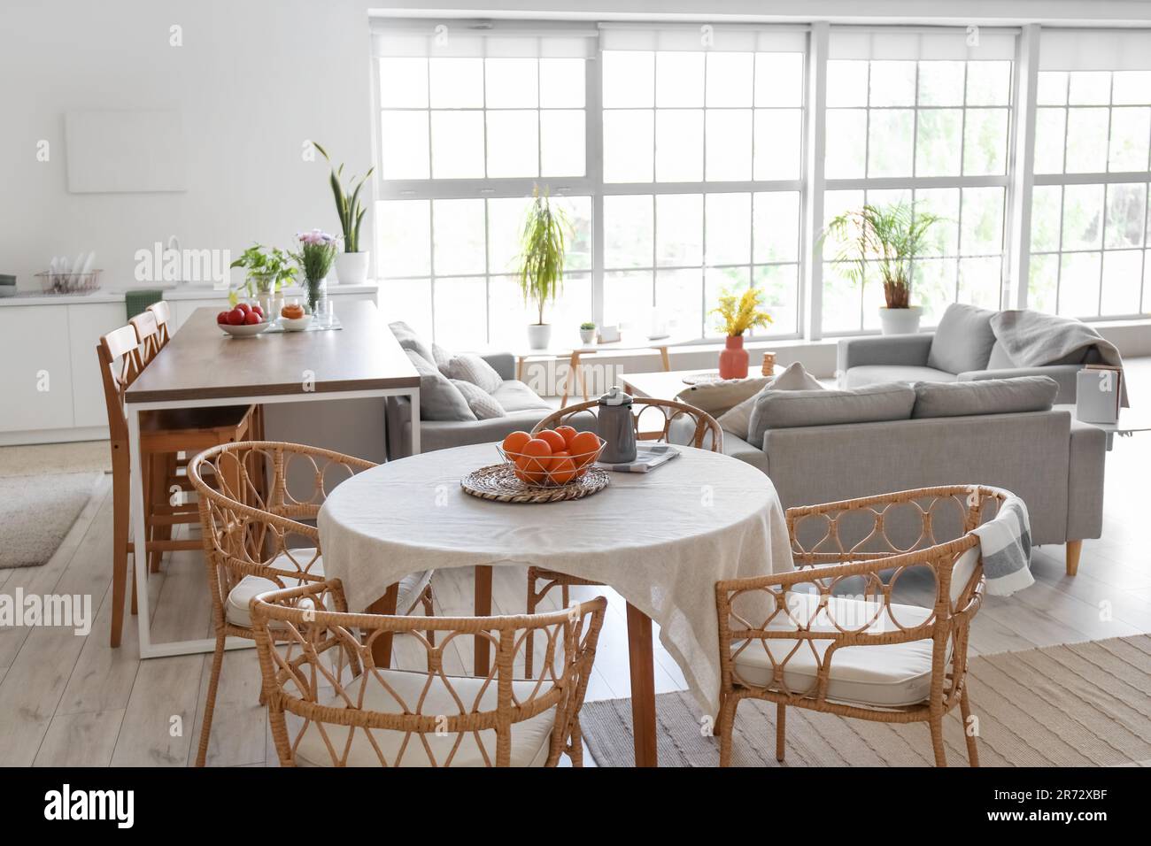 Interior of light open space studio apartment with kitchen and living ...