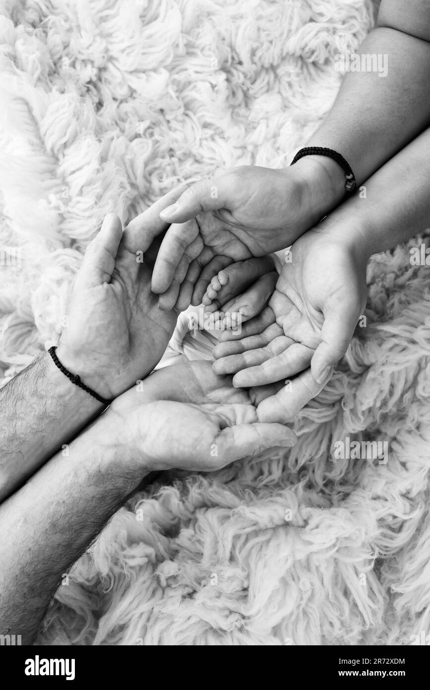 The palms of the father and mother are holding the foot of newborn baby ...