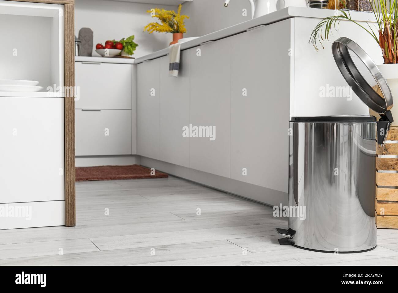 Opened metallic trash bin in interior of modern kitchen Stock Photo - Alamy