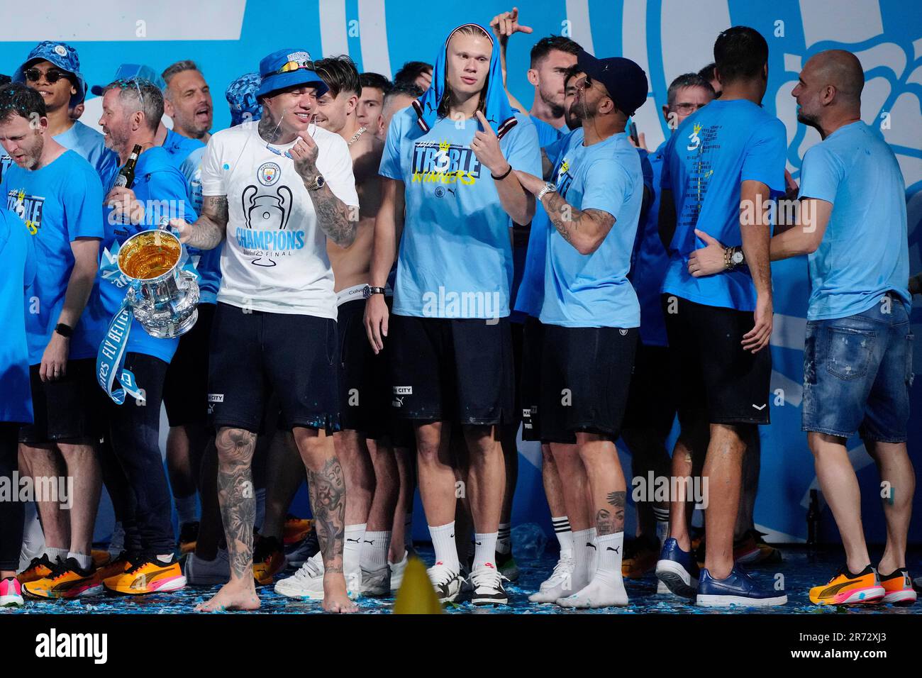 Manchester City's Erling Haaland, centre, celebrates with teammates on ...