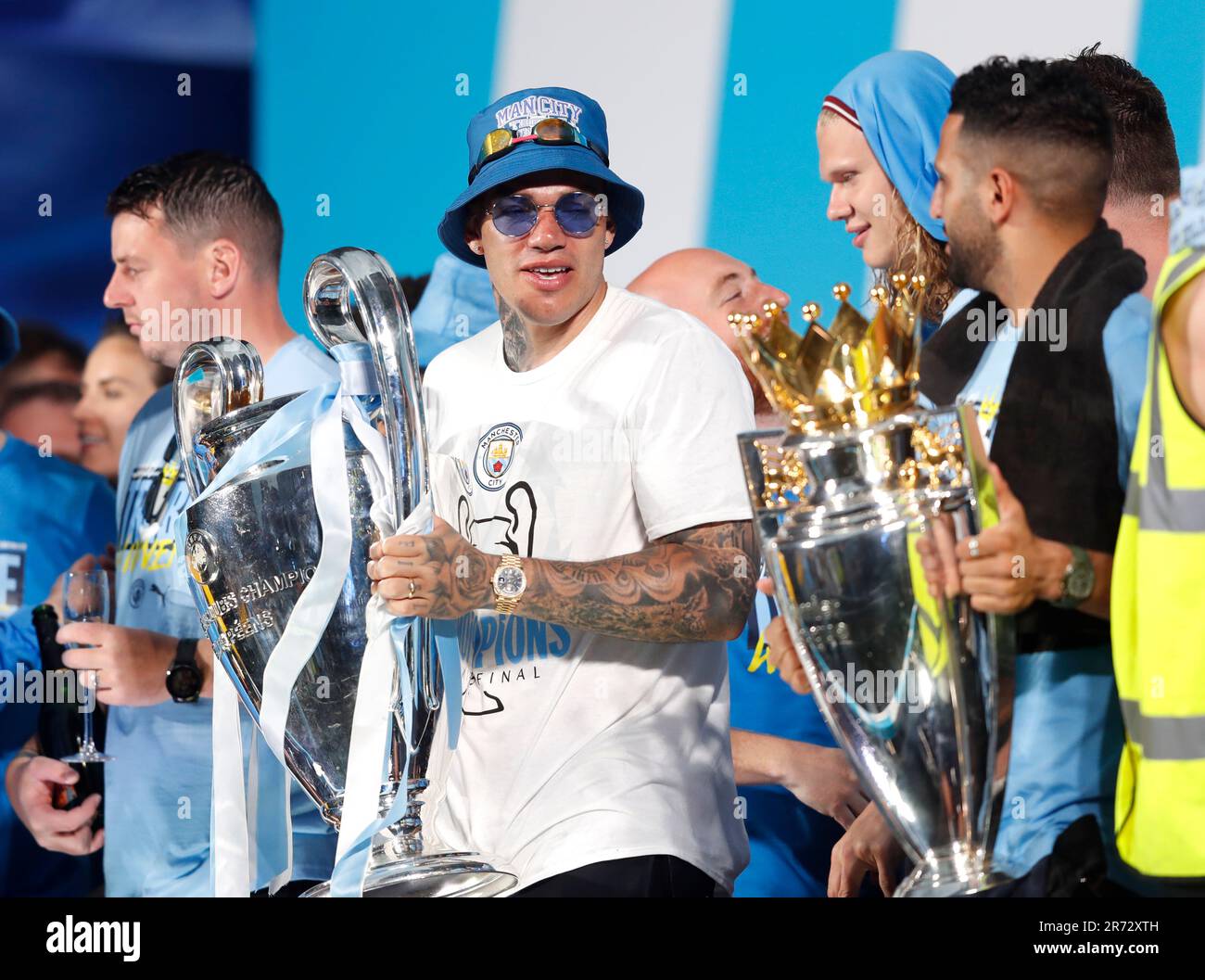 Manchester City goalkeeper Ederson with the Champions League trophy on ...