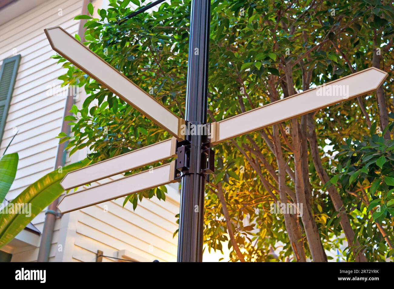 Sign pole with blank signs for subsequent labeling pointing in ...