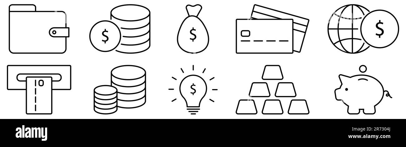Set of money related line icons. Wallet, coin, credit card, piggy bank ...