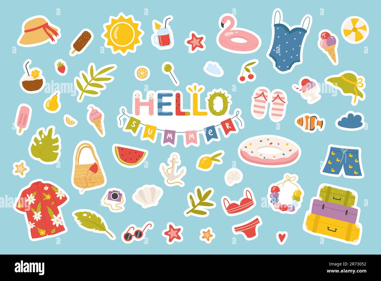 Hello summer, cute holidays stickers set for scrapbook vector ...