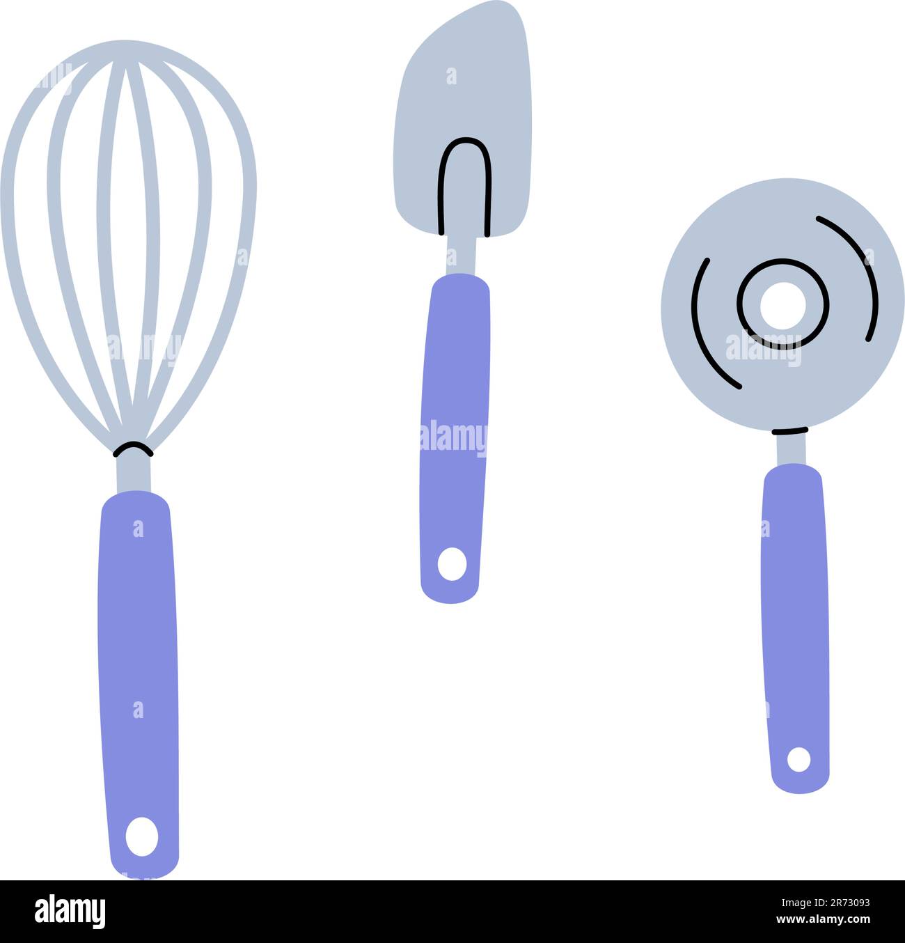Kitchen utensils. Cooking whisk, confectionery spatula, wheel pizza ...