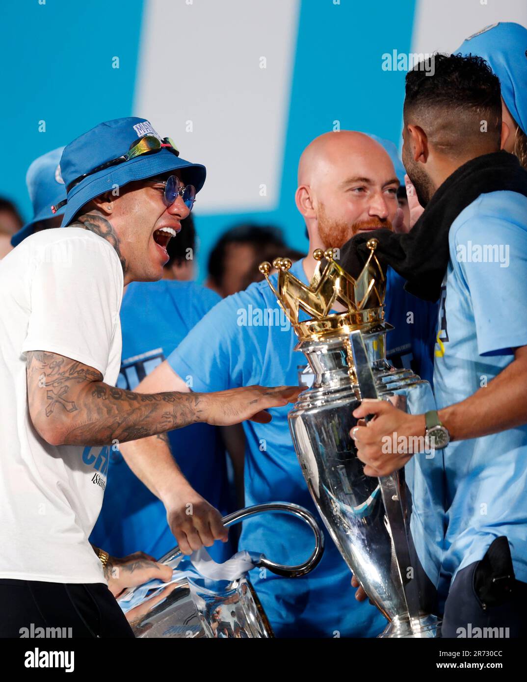 Manchester City goalkeeper Ederson and Riyad Mahrez with the Premier ...