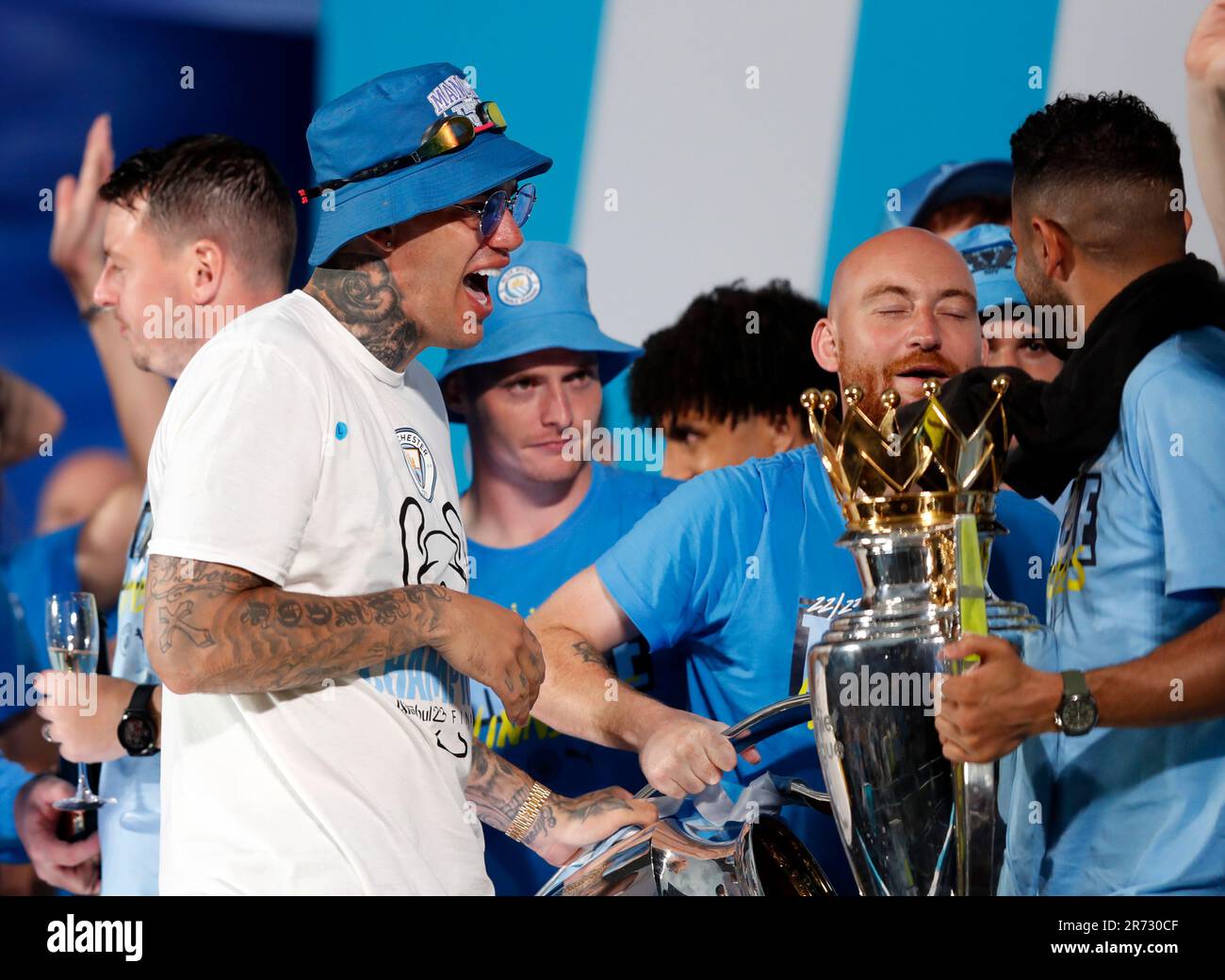 Manchester City goalkeeper Ederson on stage during the Treble Parade in ...