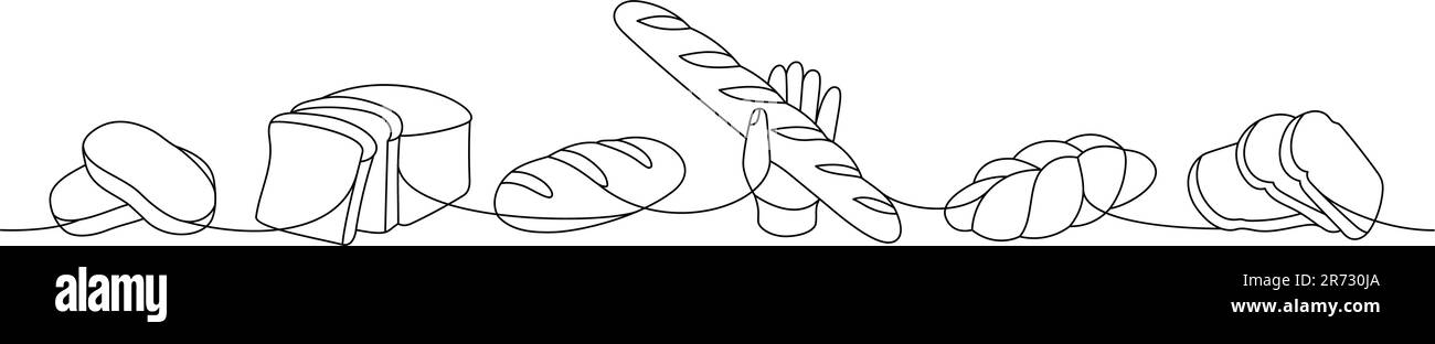 Fresh breads one line continuous drawing. Wheat bread, braided bread ...