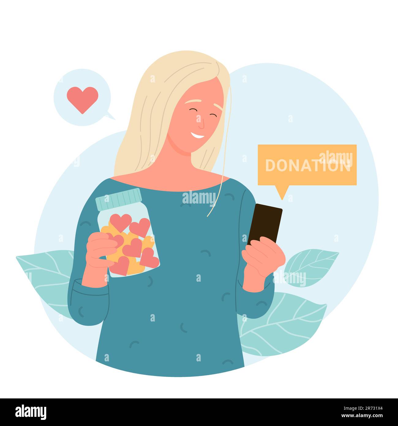 Woman holding charity jar with hearts and mobile phone with donation ...