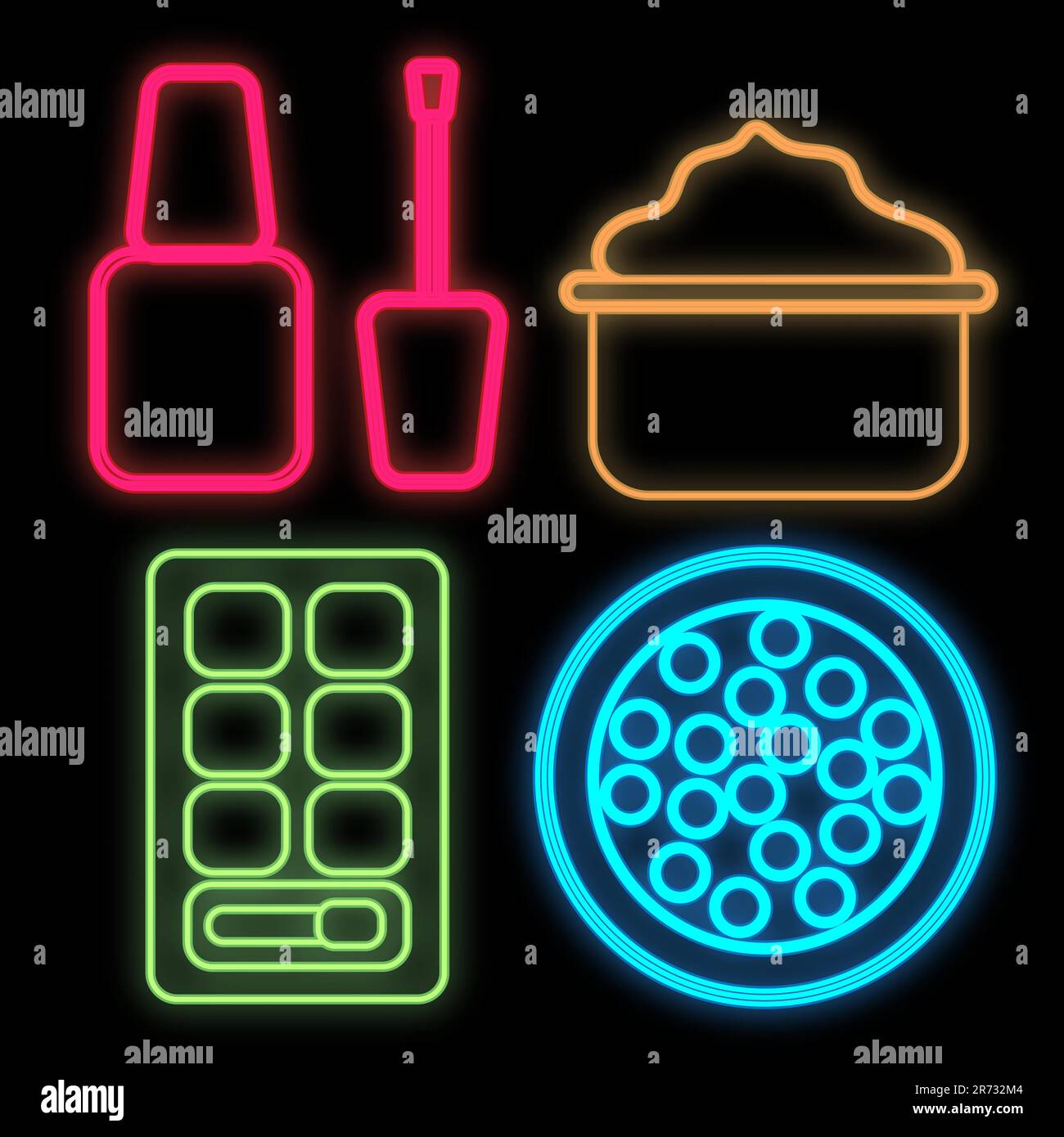 set of bright colored neon beauty items on a black background. the set ...