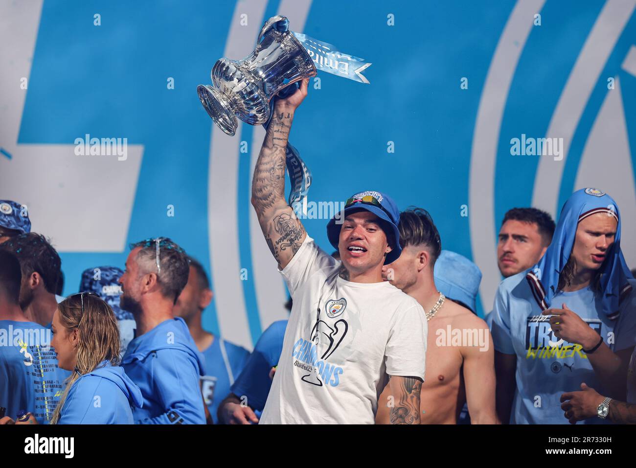 Ederson #31 of Manchester City lifts the Champions league Trophy during ...