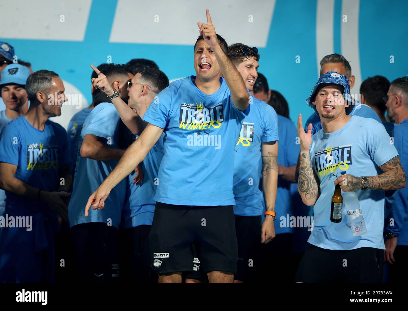 Manchester City's Rodri celebrates on stage during the Treble Parade in ...