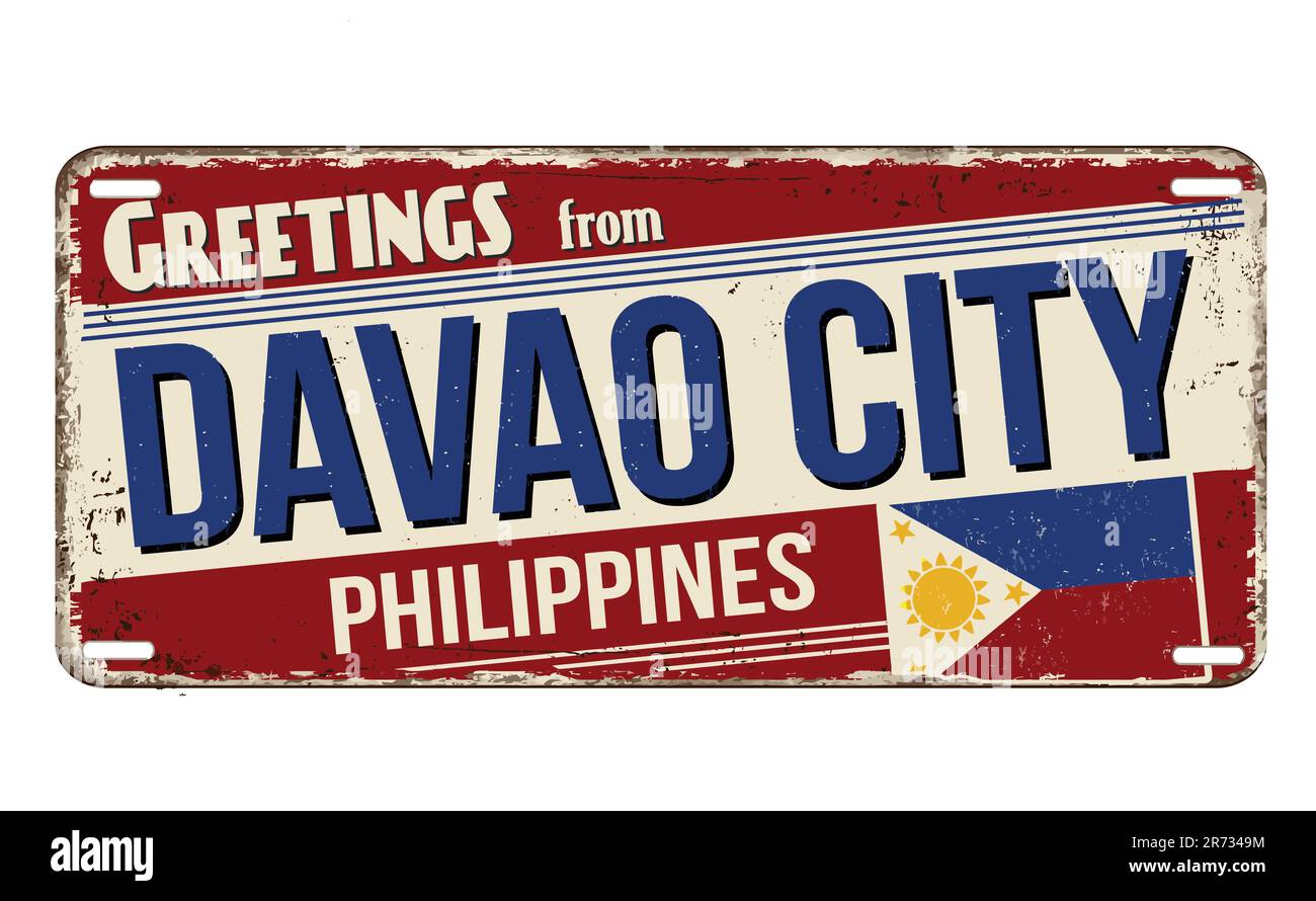 Greetings from Davao City vintage rusty metal sign on a white ...