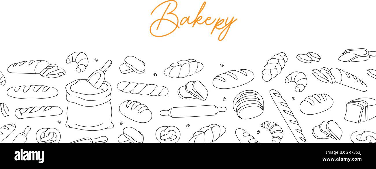 Breads shop outline banner. Horizontal background for bakery menu ...