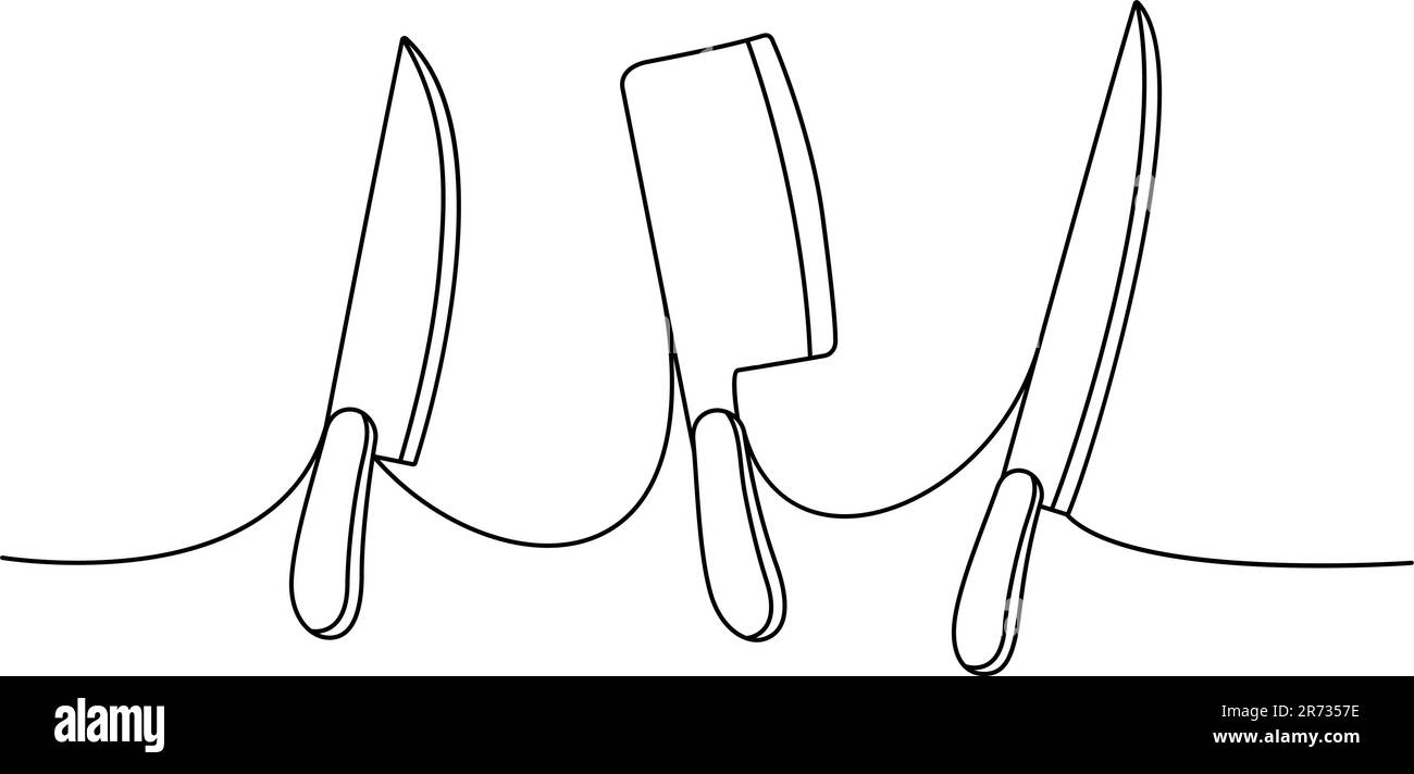 Knife set one line continuous drawing. Kitchen utensils continuous one ...