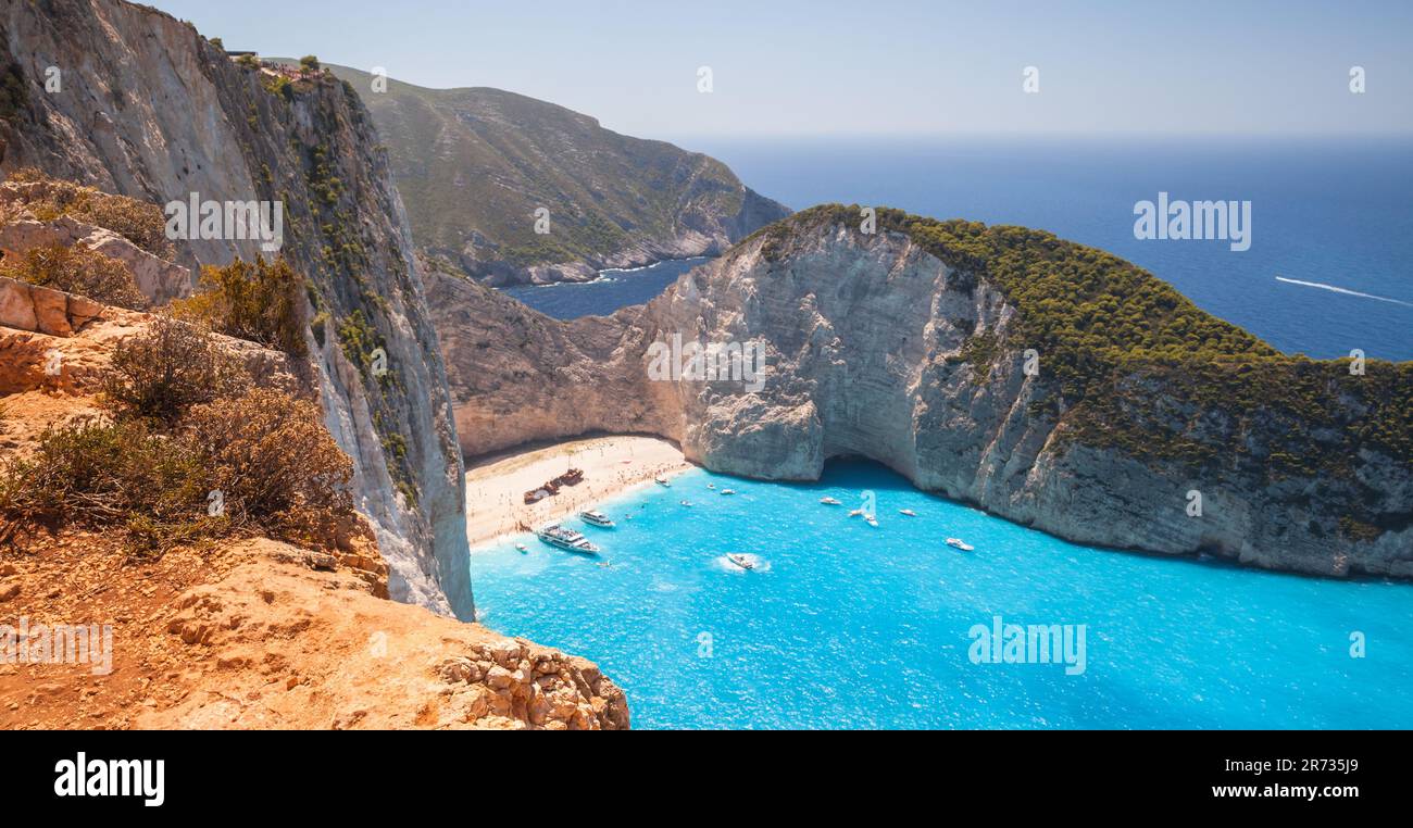 Panoramic landscape of Ship Wreck beach, Navagio bay. The most popular ...