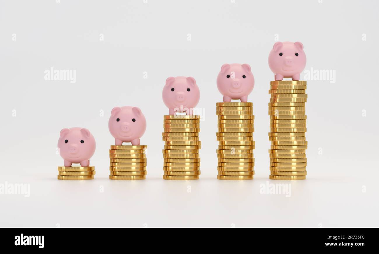 Pink piggy banks on Stack of gold coins. Saving money and Financial ...