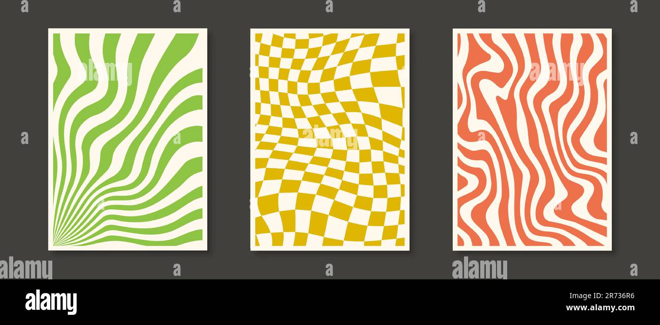 Trippy wavy lines and checkerboard backgrounds set. Psychedelic wavy ...