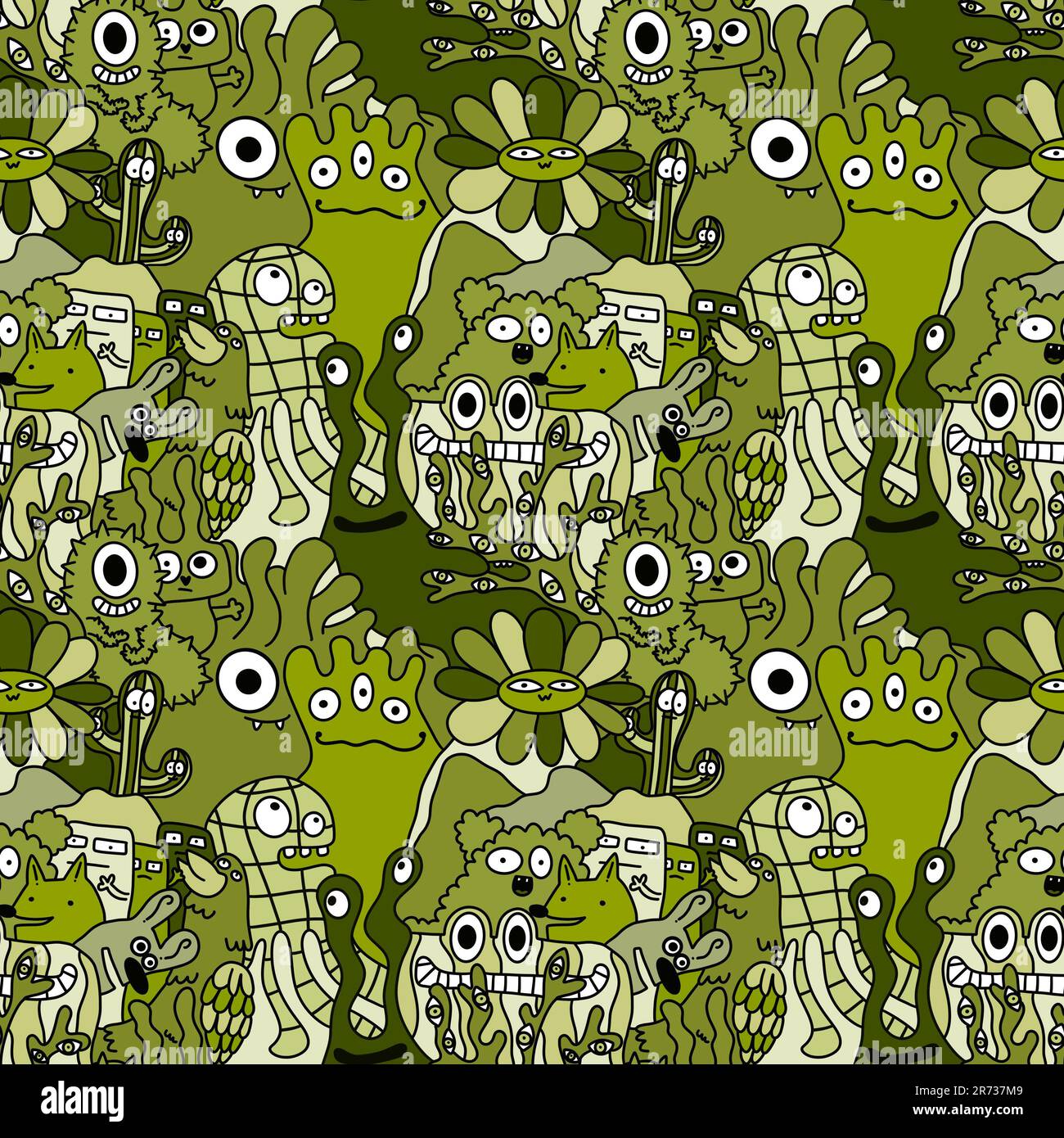 Cartoon monsters seamless funny aliens and rabbit and cactus and flower ...