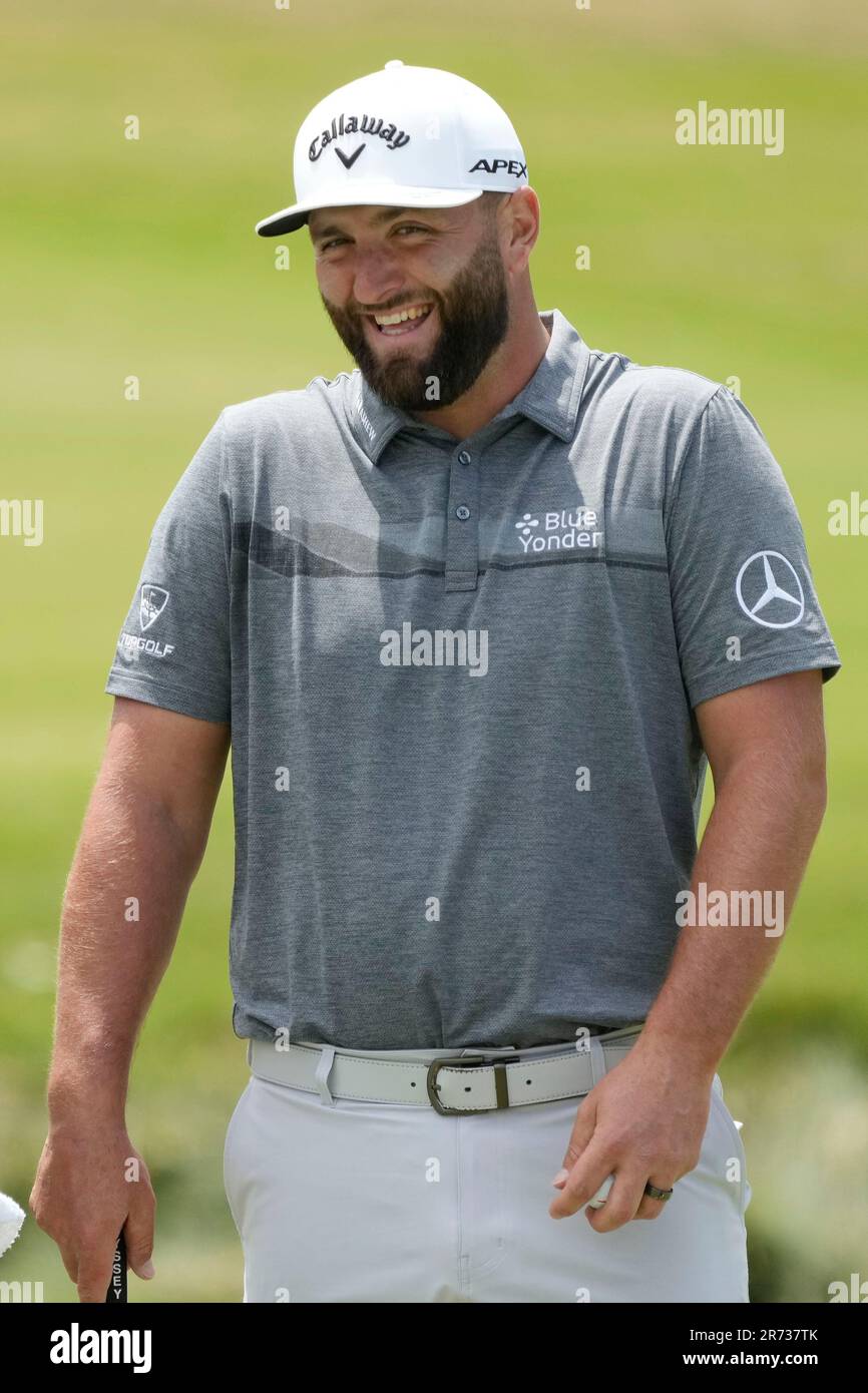 Jon Rahm smiles on the third green during a practice round of the U.S ...