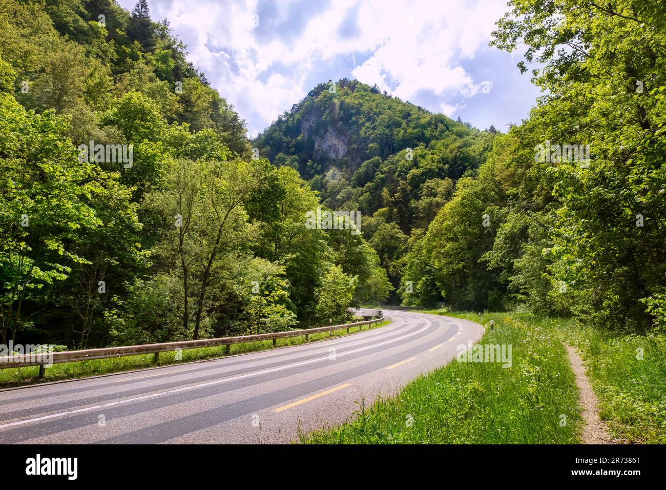 Road in rocky mountains in summer in full green. Beautiful mountain ...