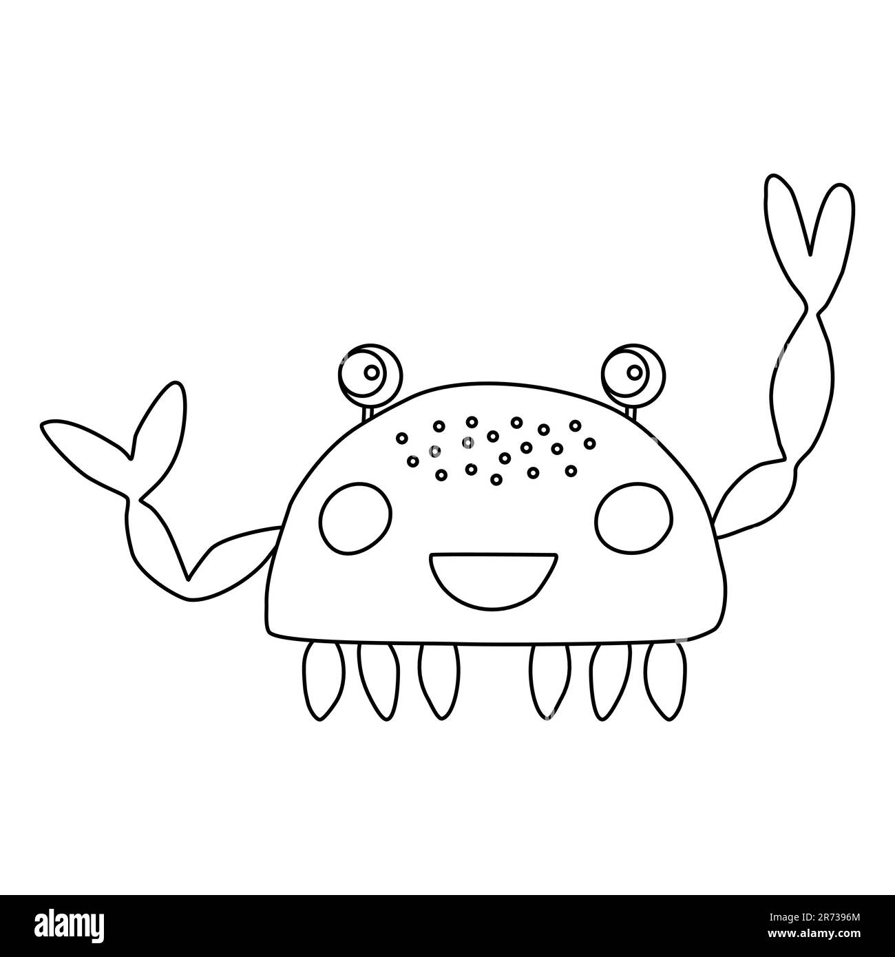 Cute cartoon style crab character smiling and waving claw, doodle style ...
