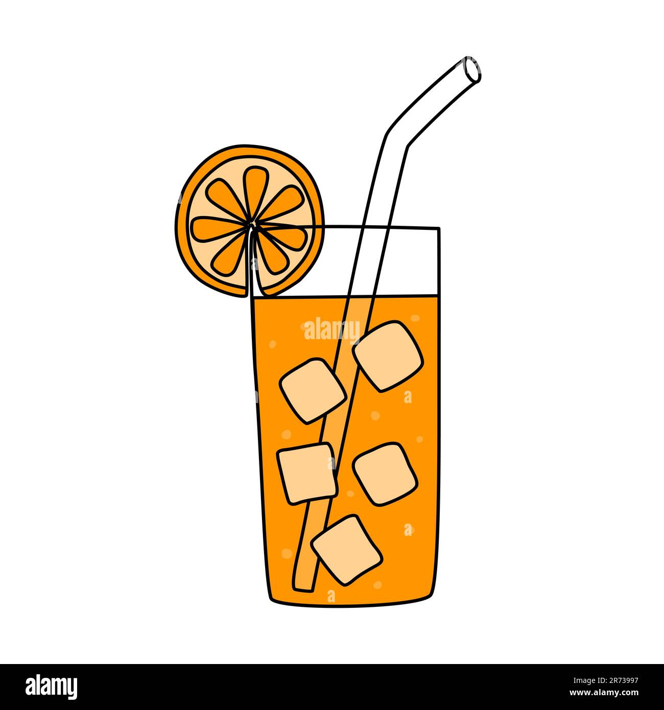 Orange soft drink, juice or summer cocktail with ice cubes in glass, doodle style vector ...