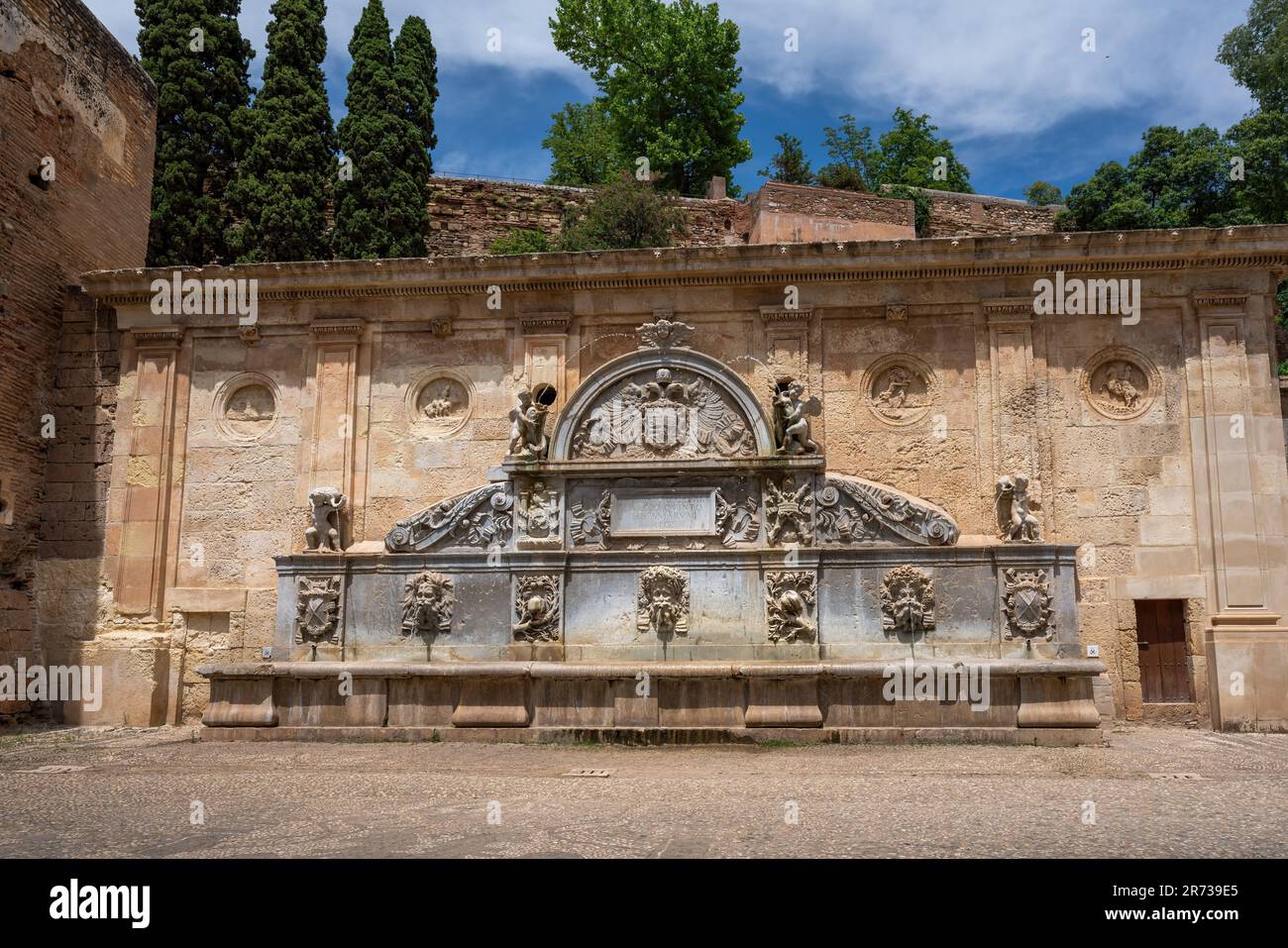 Pillar of Carlos V Fountain at Alhambra - Granada, Andalusia, Spain ...