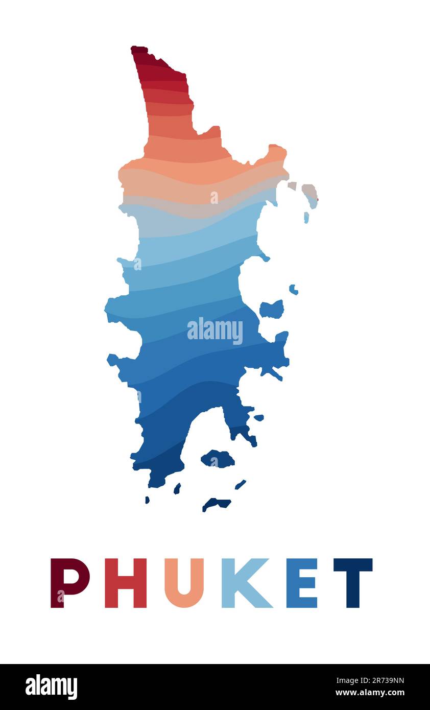 Phuket map. Map of the island with beautiful geometric waves in red and ...