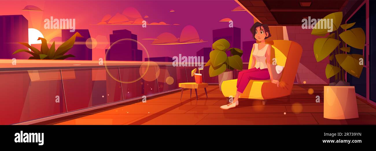 Woman sitting on terrace in armchair at sunset. Open balcony interior ...