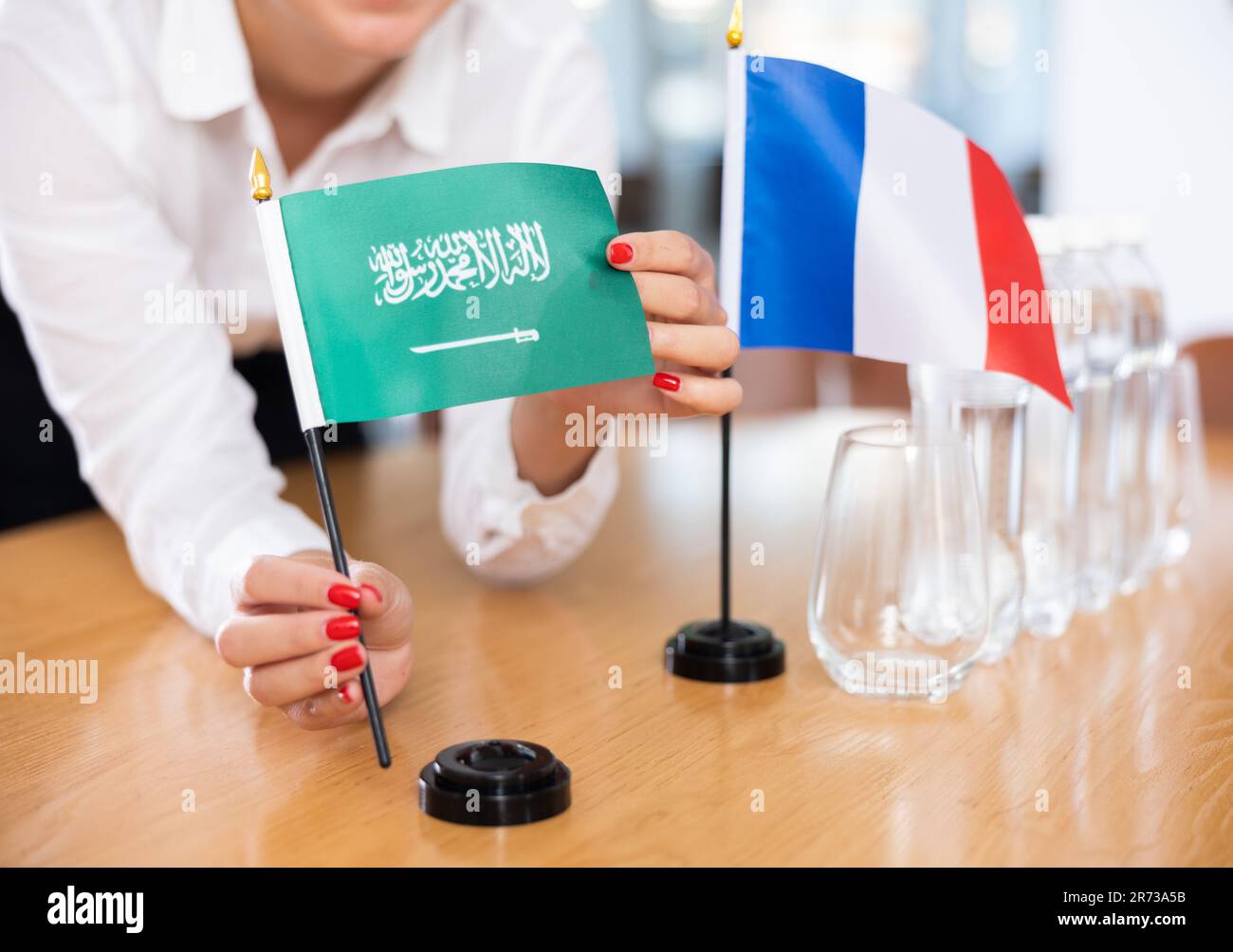 Flags of Saudi Arabia and France stand on negotiating table in office ...
