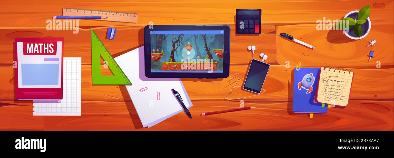 Student school desk top view with tablet and game cartoon illustration ...