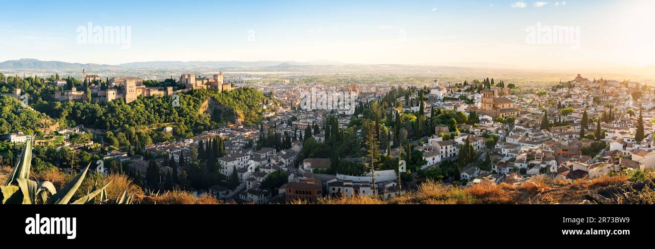 Panoramic aerial view of Granada Hills with Alhambra at sunset ...
