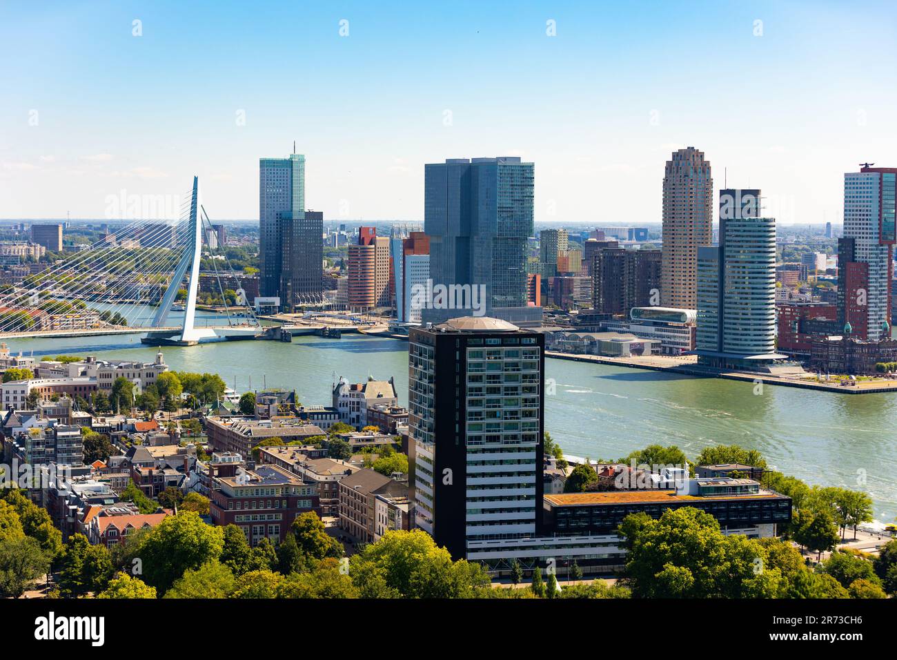Summer Rotterdam cityscape with modern high-rise buildings and Erasmus ...