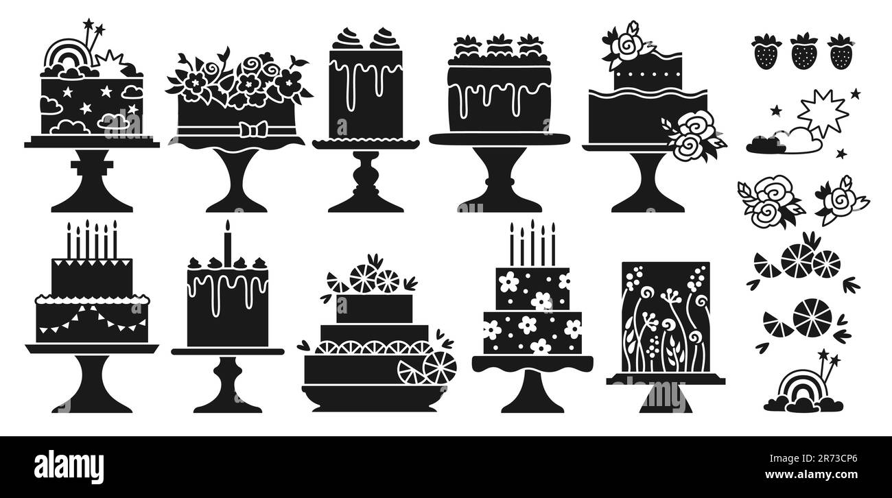 Birthday and wedding cakes celebration desserts stamp set. Party ...