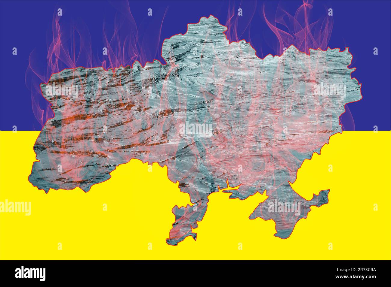 Concept collage. Flag of Ukraine with a contour map filled with water ...
