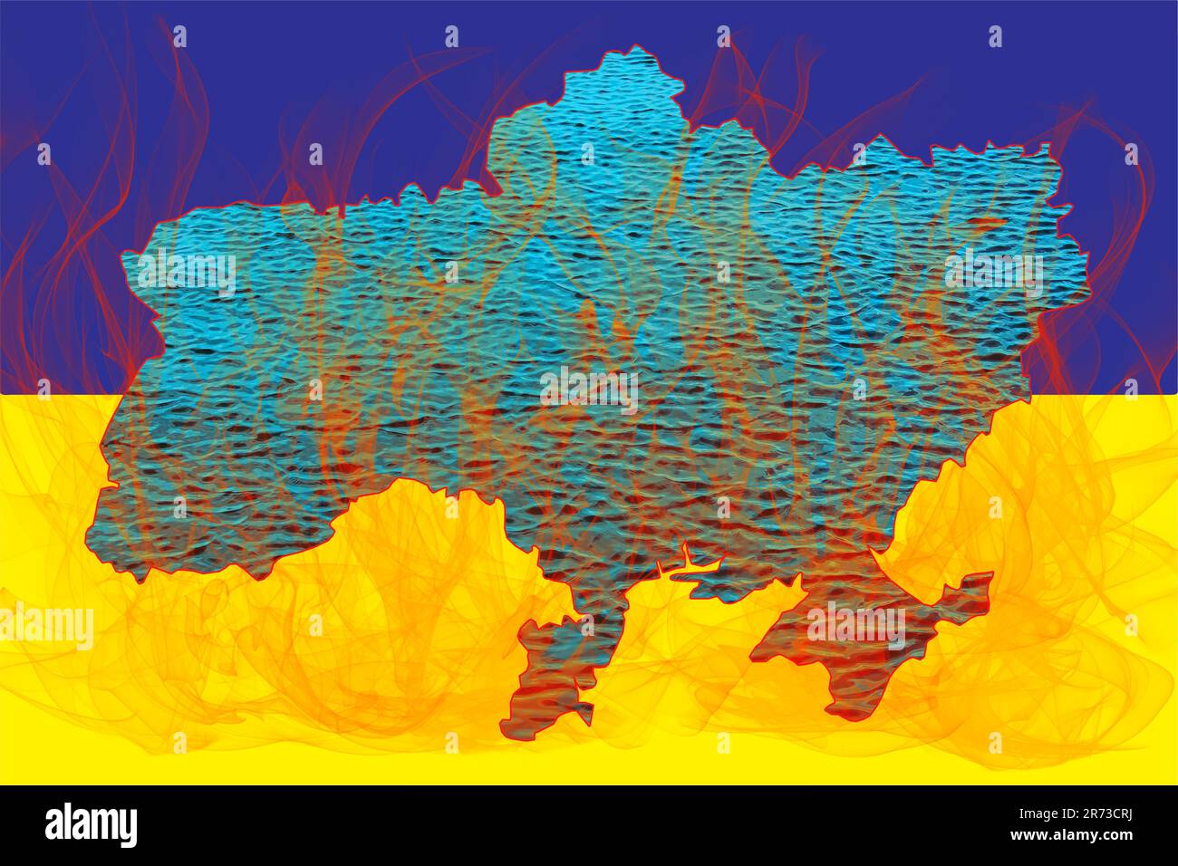 Concept collage. Flag of Ukraine with a contour map filled with water ...