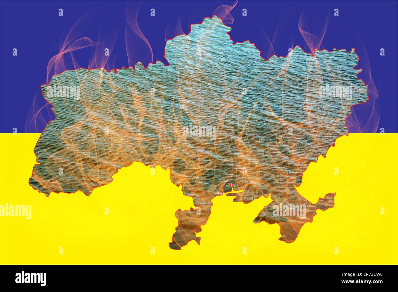 Concept collage. Flag of Ukraine with a contour map filled with water ...