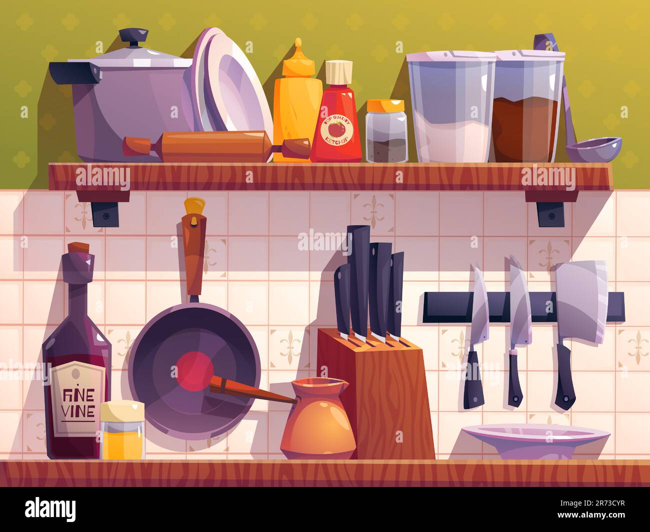 Kitchen shelf with bowl vector interior illustration. Cooking ...