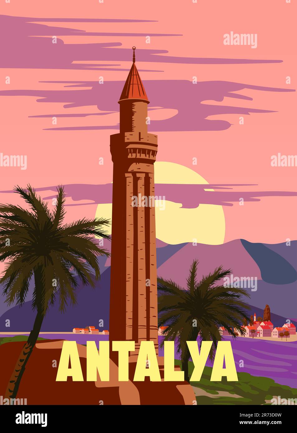 Antalya retro landmark poster, Turkey resort. Vintage touristic travel ...