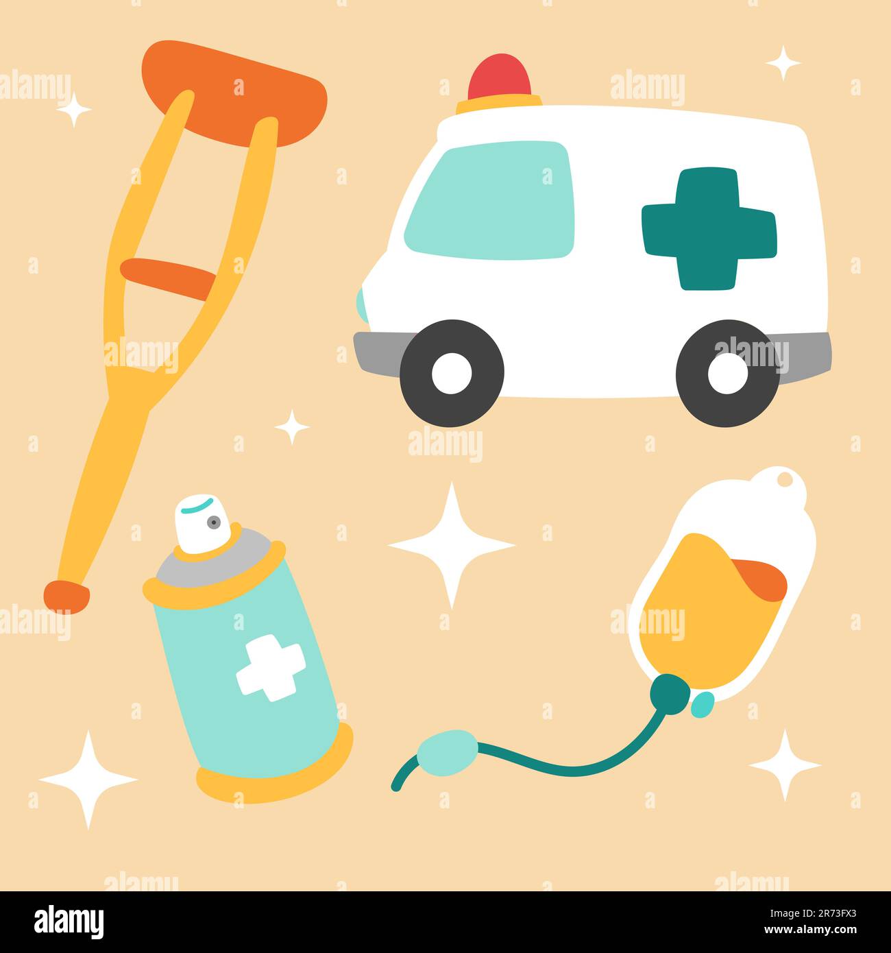 Cute medical sticker set. Hand drawn healthcare cartoon doodle crutches ...