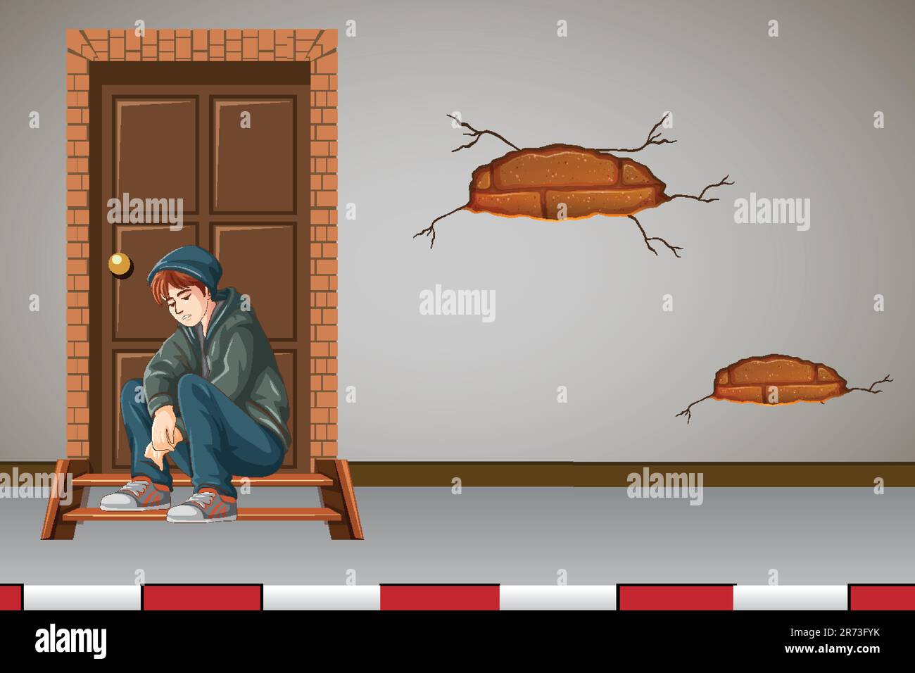 Male youth with sad face sitting in front of house doorstep ...