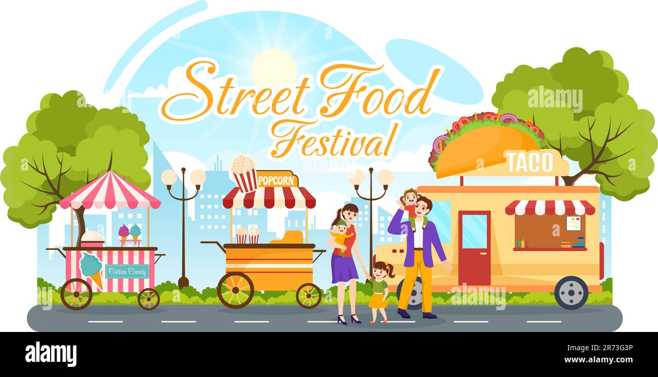 Street Food Festival Event Vector Illustration with People and Foods ...