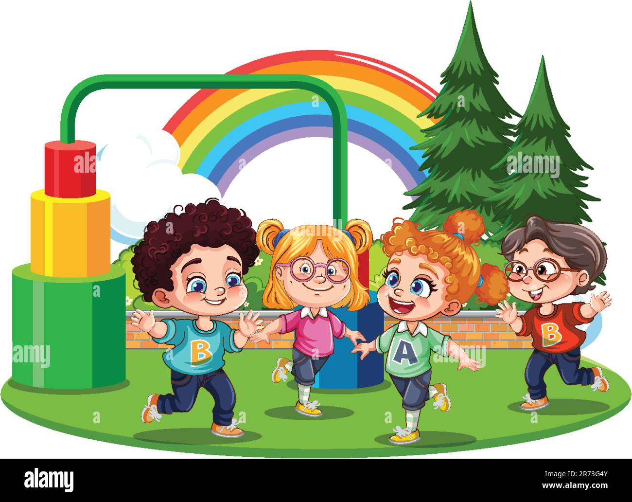 Children with different race playing at the playground slide ...