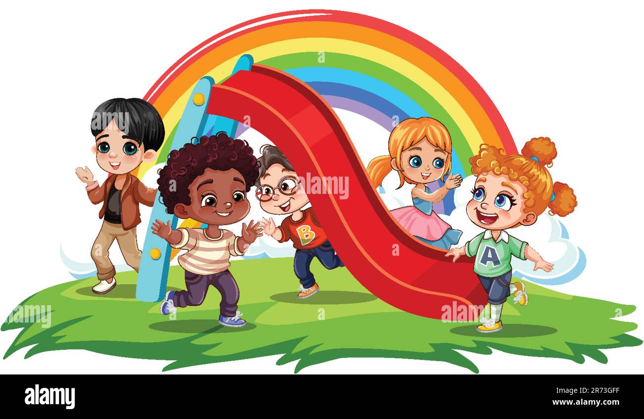 Children with different race playing at the playground slide ...