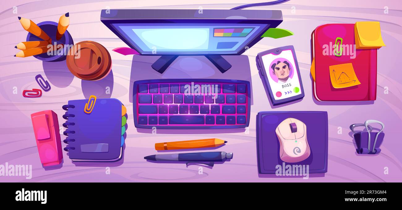 Top view of office desk, workplace with desktop computer on wooden ...