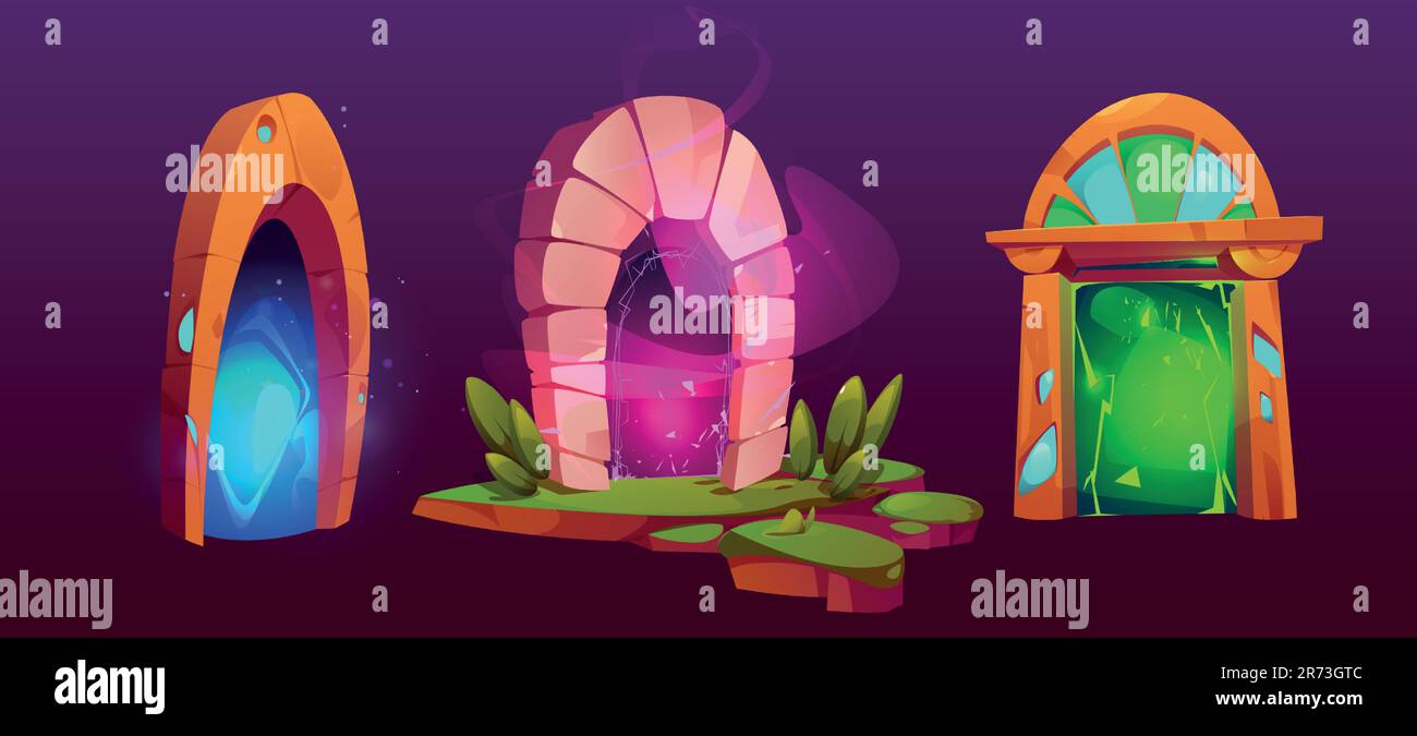 Fairy magic portal cartoon game vector set. Fantasy teleport door to ...